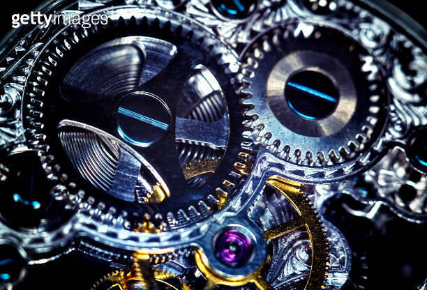 Macro view of part of a watch's intricate internal workings 이미지 ...