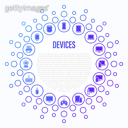 Devices in circle shape: smartphone, tablet, laptop, pc monoblock, game ...