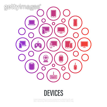 Devices in circle shape: smartphone, tablet, laptop, pc monoblock, game ...