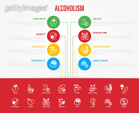 Alcoholism infographics with thin line icons. Strong drink, withdrawal ...