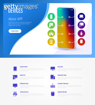 Devices infographics: smartphone, tablet, laptop, pc monoblock, game pc ...