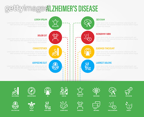 Alzheimer's disease infographics with thin line icons. Memory loss ...
