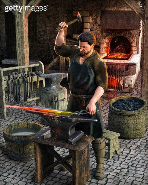 Blacksmith at work outside his shop in a medieval European village 이미지 ...
