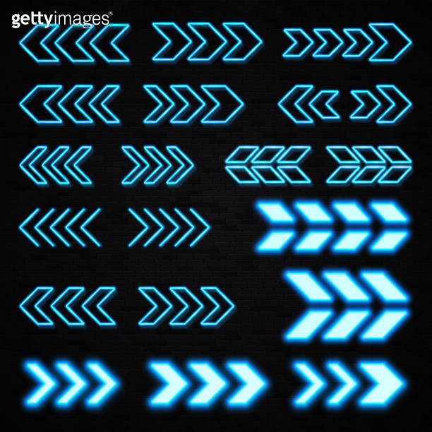 Blue neon 3d arrows set on black brick wall background. Shining led ...