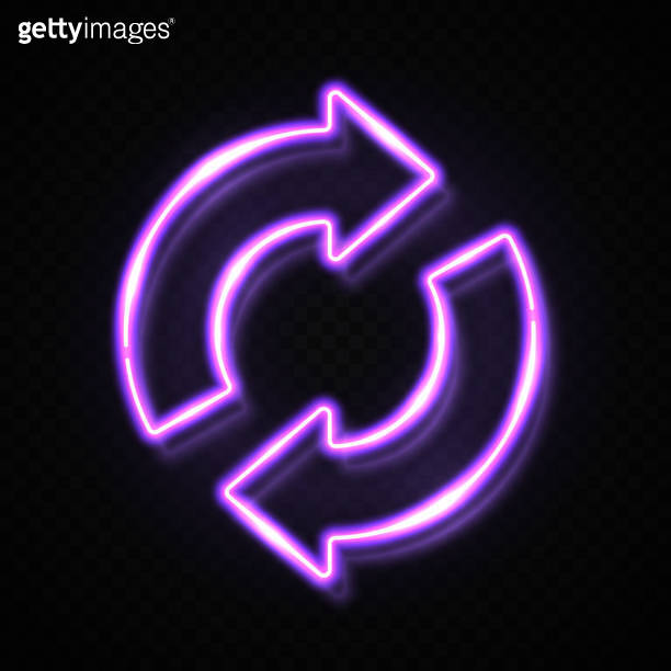 Purple neon light recycling symbol isolated on dark transparent ...