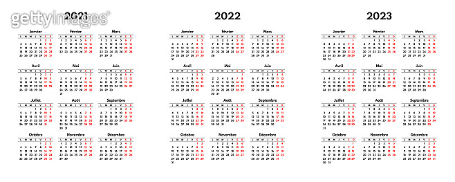 simple 2021 2022 2023 french calendar grid, starts monday, two weekend ...