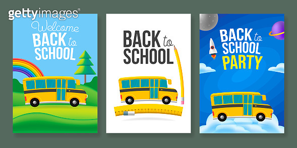 Cute cartoon school bus poster template set. Back to school text sign ...