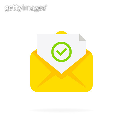Opened envelope and document with green check mark icon. Approved tick ...