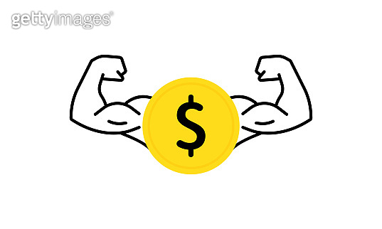 Dollar coin icon with flexing, strong muscles. Vector flat cartoon ...