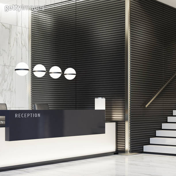 Modern Offices lobby interior area with elevators and stairs and with ...