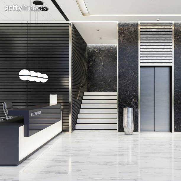 Modern Offices lobby interior area with elevators and stairs and with ...