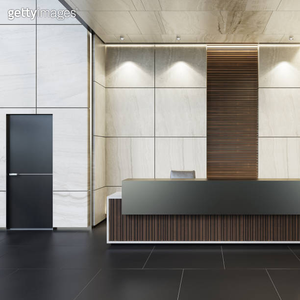 Reception desk luxurious open space interior with marble tiles with ...