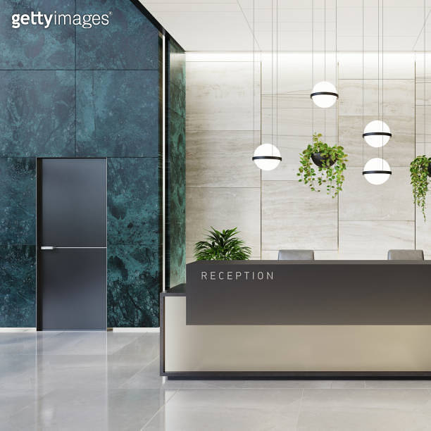 Modern Offices lobby interior area with elevators and stairs and with ...