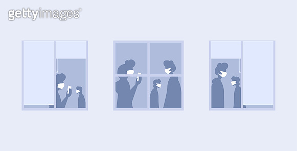 Windows with people silhouettes in medical masks holding smartphones in ...