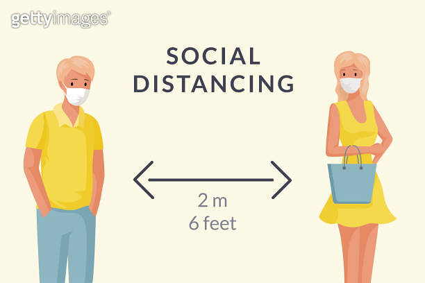 Man and woman wearing masks and maintain social distancing vector flat cartoon illustration. 이미지 ...