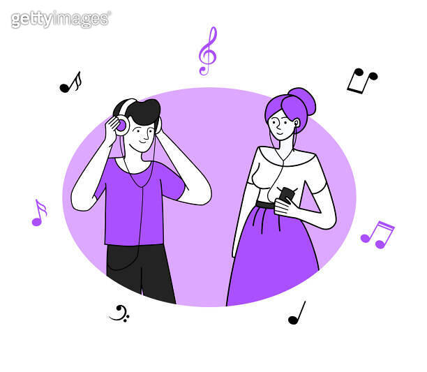 People in circular border vector illustration. Music listening ...