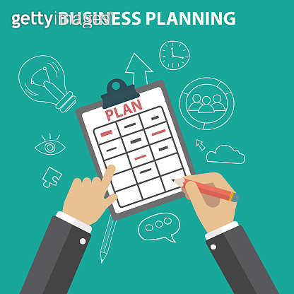 Flat illustration. Hand with pencil, paper of plan, cup of coffee and ...