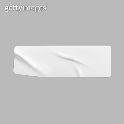 White glued crumpled rectangle sticker mock up. Blank white adhesive ...