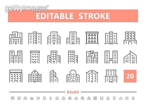 Building 20 line icons. Vector illustration in line style. Editable ...