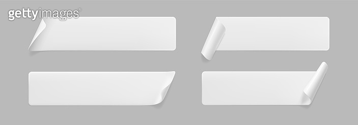 White glued rectangle stickers with curled corners mock up set. Blank ...