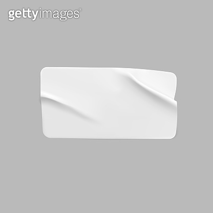 White glued crumpled rectangle sticker mock up. Blank white adhesive ...