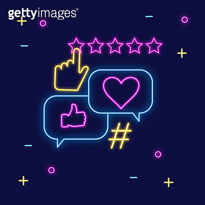 Neon sign of customer service and rating. Bright vector neon light ...