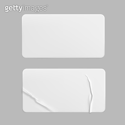 White glued crumpled rectangle stickers mock up set. Blank white ...