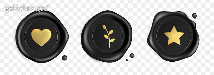 Black stamp wax seals set with gold heart, branch and star isolated on ...