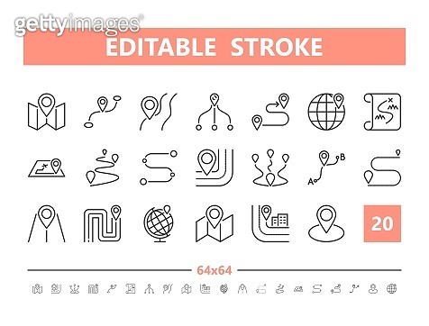 Route 20 line icons. Vector illustration in line style. Editable Stroke ...