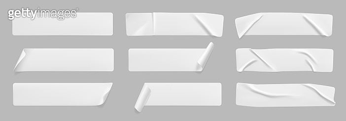 White glued crumpled stickers with curled corners mock up set. Blank ...