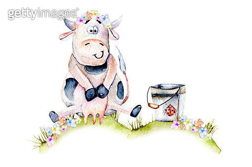 Watercolor cute cartoon cow sitting on a meadow near the bucket ...