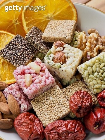 Korean traditional snacks Sweet Rice Puffs , Gangjeong and Nuts and ...