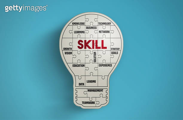 Light bulb puzzle pieces forming the word Skill on blue background 이미지 ...