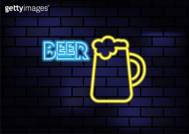 Beer Pub Sign Blue Neon Light On Dark Brick Wall 이미지 (1215345982) - 게티이미지뱅크