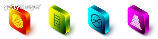 Set Isometric Fire flame, Fire escape, No Smoking and Traffic cone icon ...