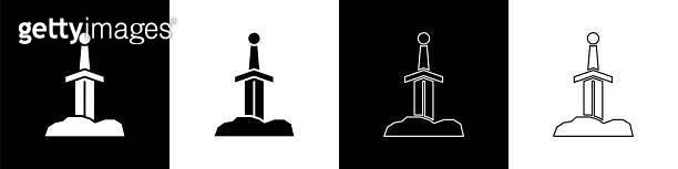 Set Sword in the stone icon isolated on black and white background ...