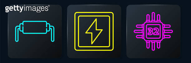 Set line Resistor electricity, Processor with microcircuits CPU and Lightning bolt. Black square ...