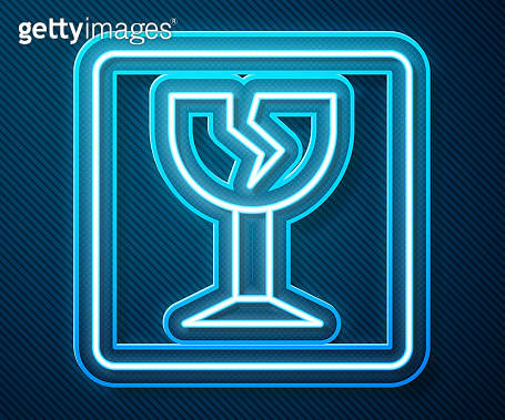 Glowing neon line Fragile broken glass symbol for delivery boxes icon isolated on blue ...