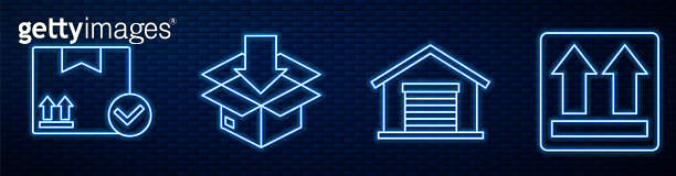 Set line Warehouse, Package box with check mark, Cardboard box with traffic symbol, This side up ...