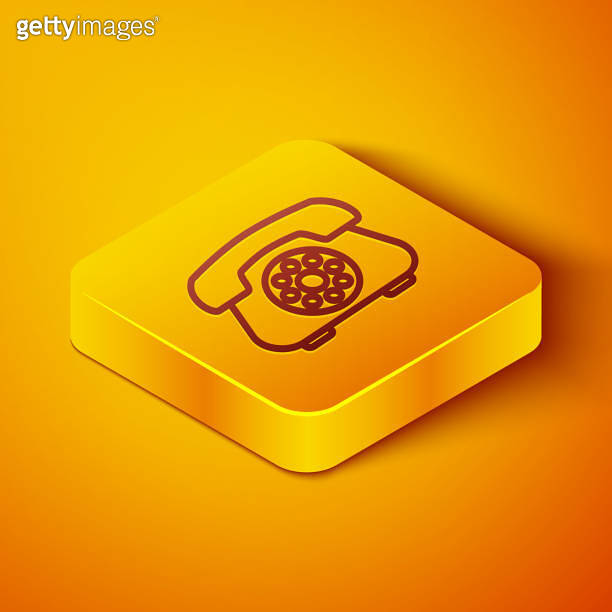 Isometric line Telephone icon isolated on orange background. Landline ...