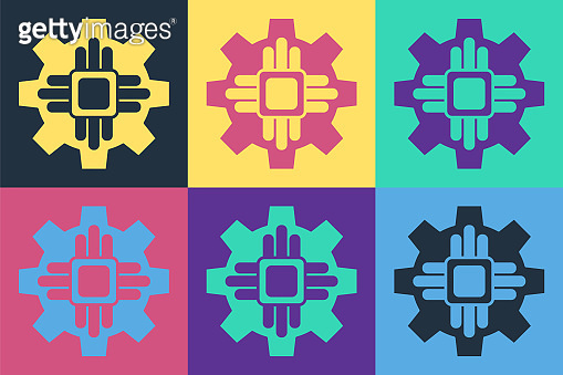 Pop art Processor icon isolated on color background. CPU, central ...