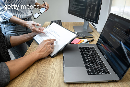 Two professional programmer cooperating and working on web site project ...