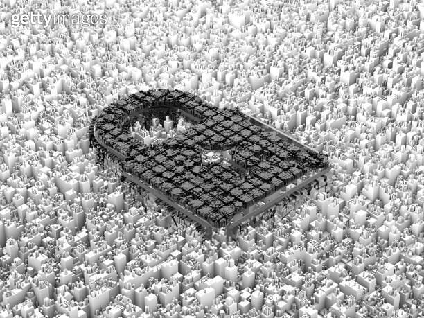 Lock symbol composed of cube polygons, big data global transmission and ...