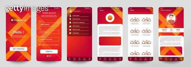 Design of mobile app, UI, UX, GUI. Set of user registration screens with login and password ...