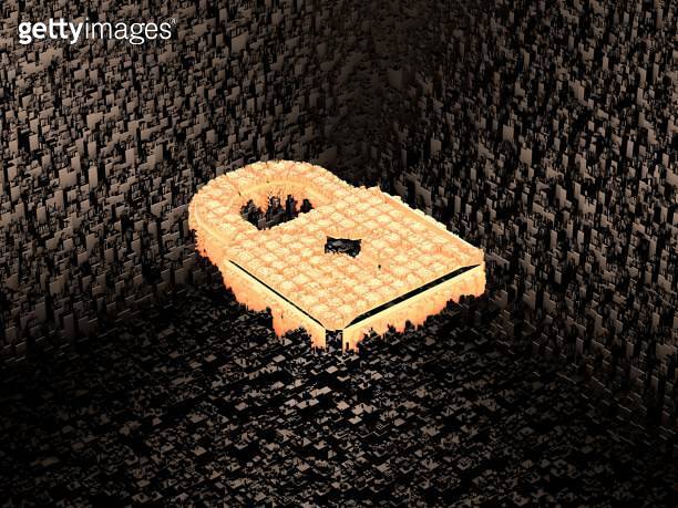 Lock symbol composed of cube polygons, big data global transmission and ...