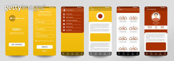 Design of mobile app, UI, UX, GUI. Set of user registration screens with login and password ...