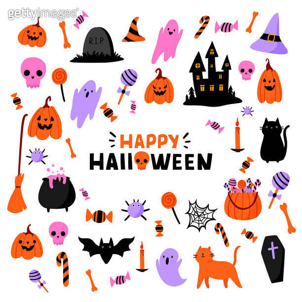 Cute Halloween flat cartoon vector set. Pumpkin, ghost, cat, bat, candy ...
