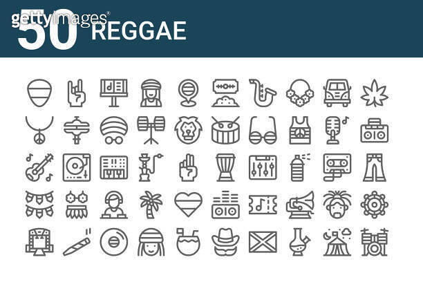 set of 50 reggae icons. outline thin line icons such as drum set, stage ...