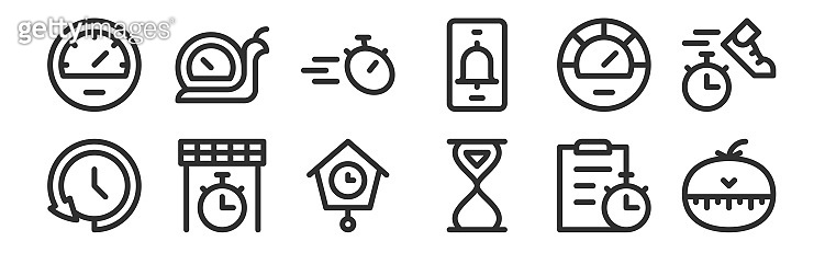 set of 12 thin outline icons such as kitchen timer, sand clock, finish ...