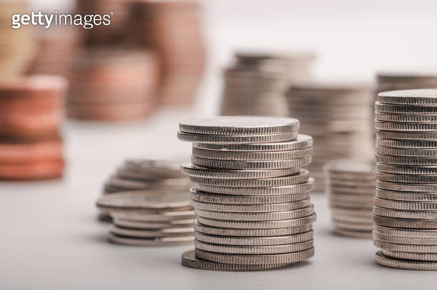 Piles of Thai baht coins arranged in descending order, concept of money ...